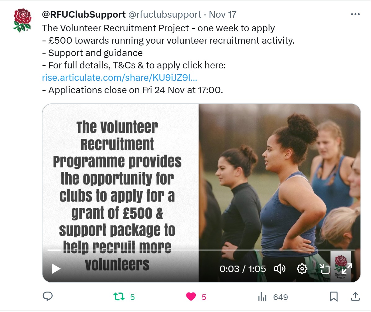 Yorkshire RFU - News - RFU Volunteer Recruitment Project