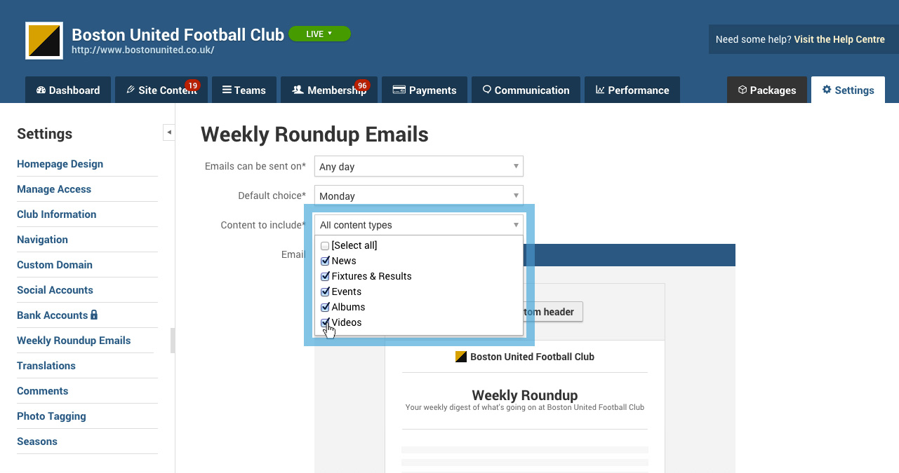 Editing the Roundup - Weekly Roundup Emails - Settings - Club Website ...