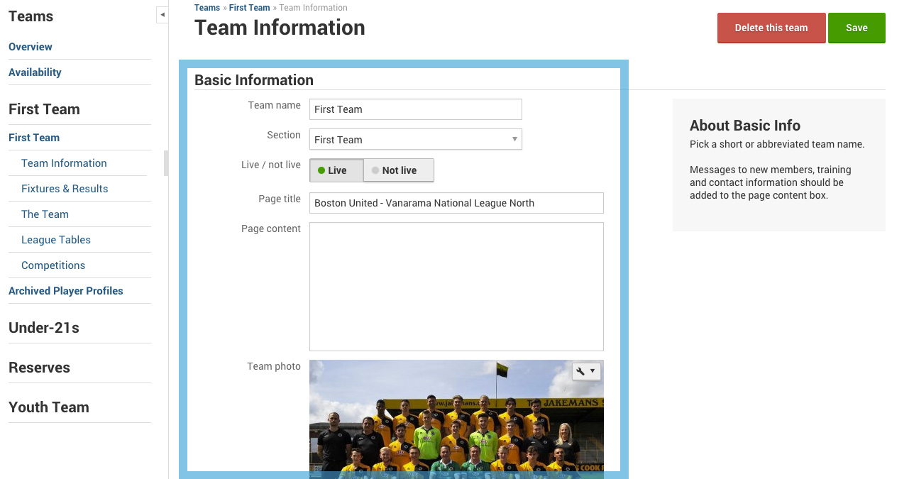 Team Information - Teams - Club Website - User Guides - Pitchero